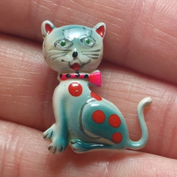 Jewelry | Vintage Tiny Hand Painted Blue Cat Pinvintage Pin | Poshmark